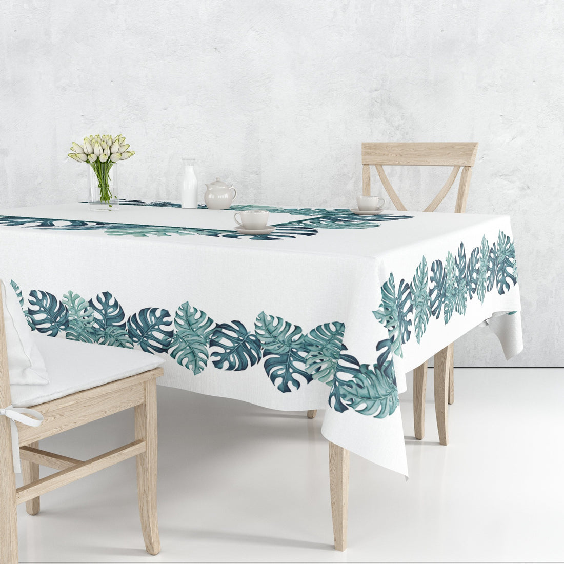 Tropical Leaves Tablecloth Monstera Turquoise Palm Leaves Table Linen ...